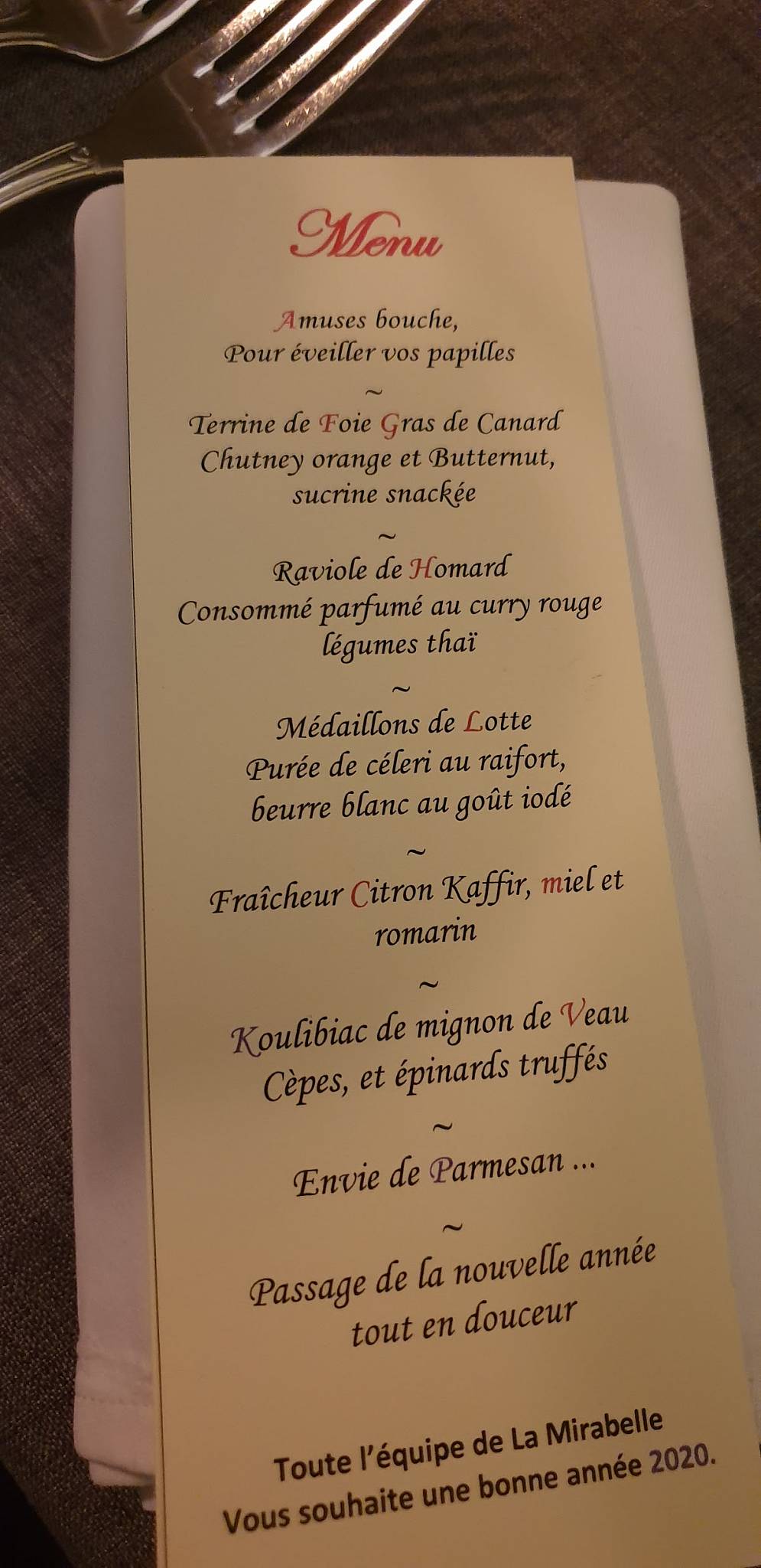Menu au La Mirabelle restaurant, Luxembourg