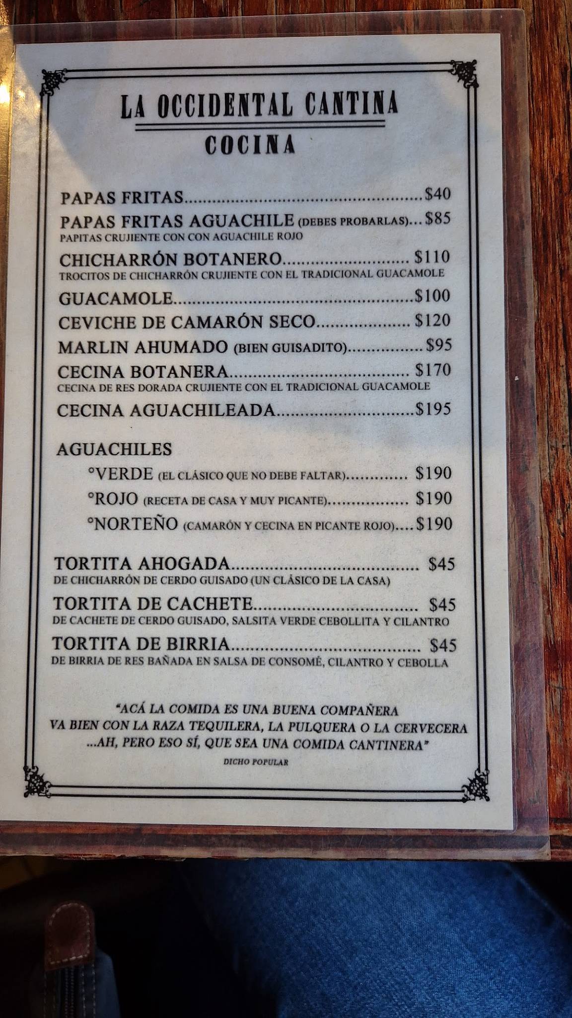 Carta del pub y bar Cantina La Occidental, Guadalajara