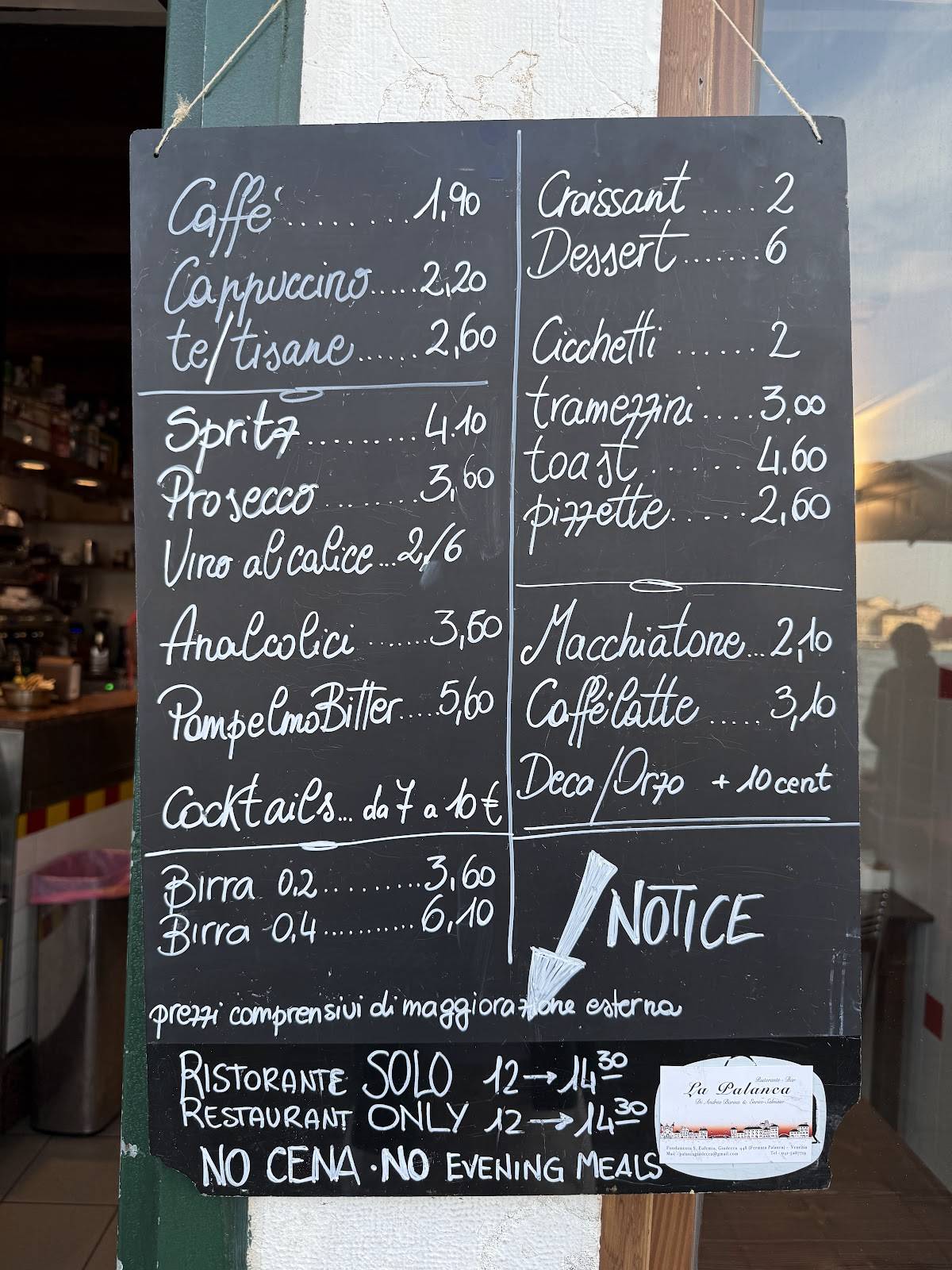 Menu at La Palanca cafe, Venice