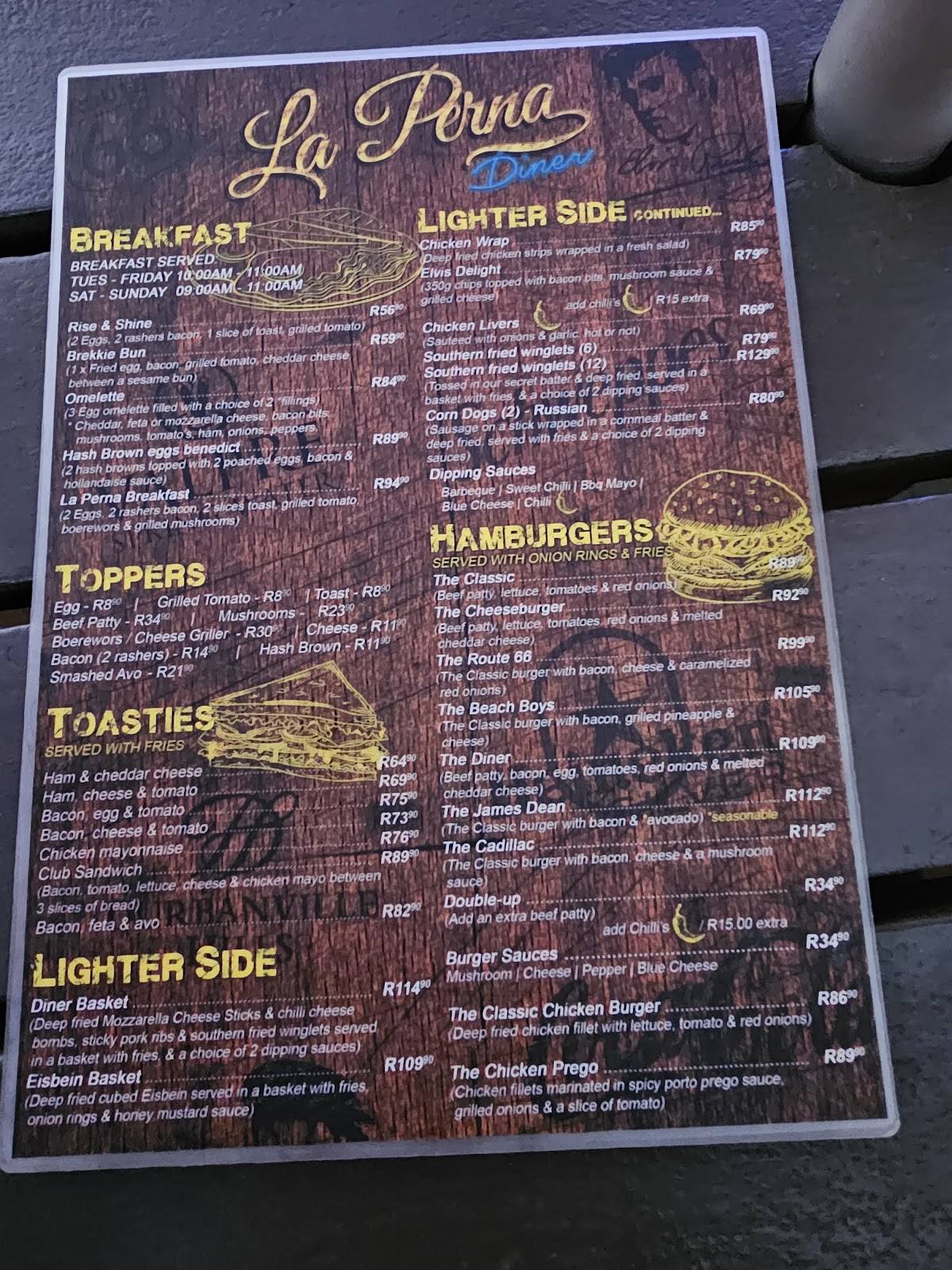 Menu at La Perna Diner restaurant, Pretoria