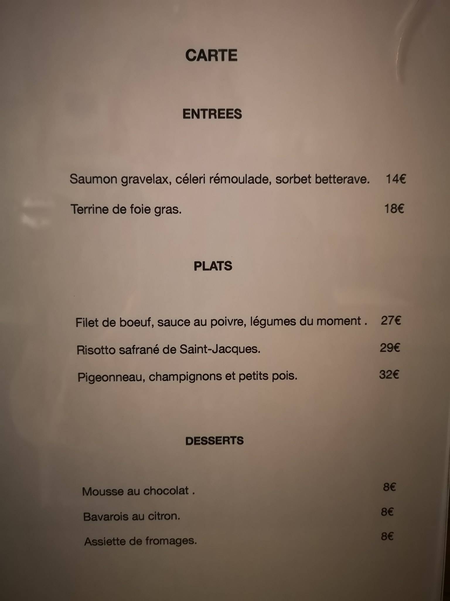 Menu au La Petite Table restaurant, Lourmarin, Bd du Rayol