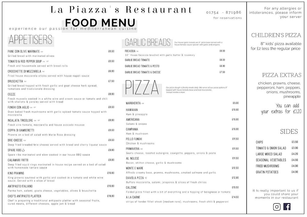 Menu at La Piazza Restaurant, Chapel Saint Leonards