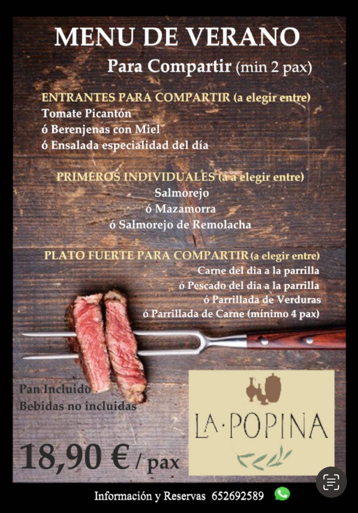 Carta del restaurante La Popina, Córdoba