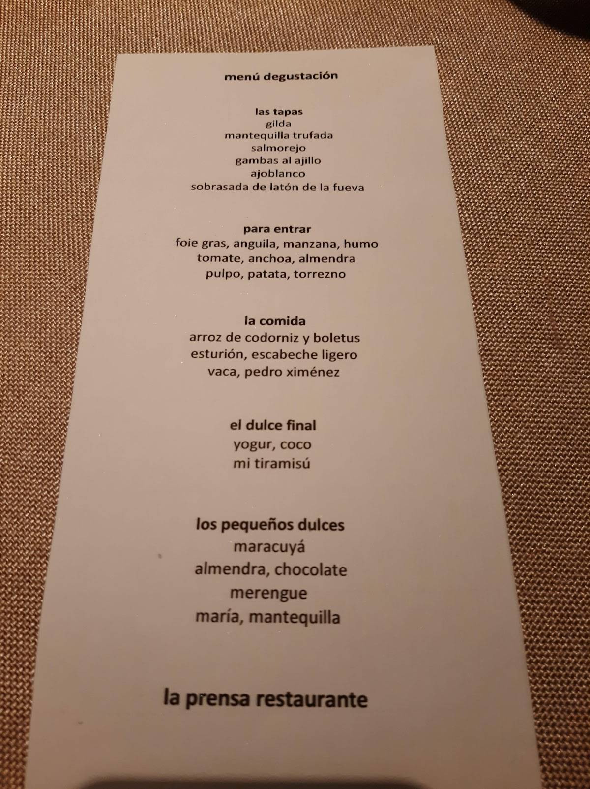 Carta de Restaurante La Prensa, Zaragoza