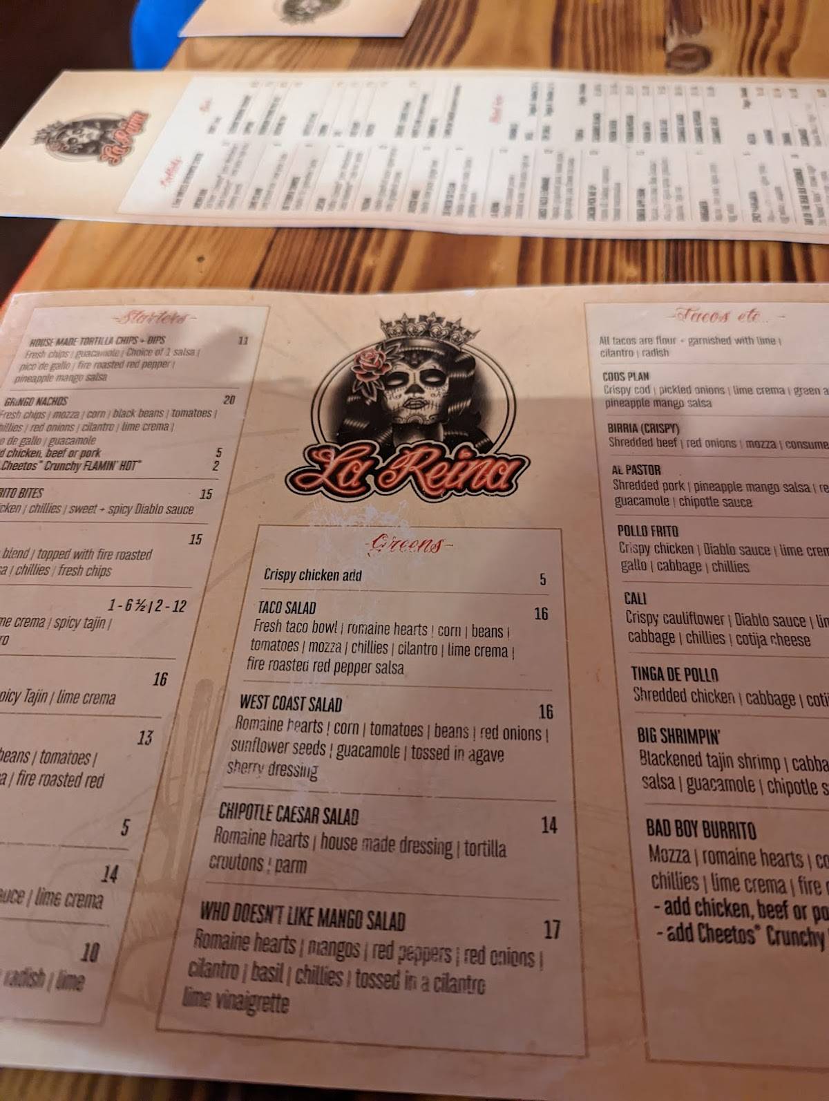 Menu au La Reina restaurant, Abbotsford