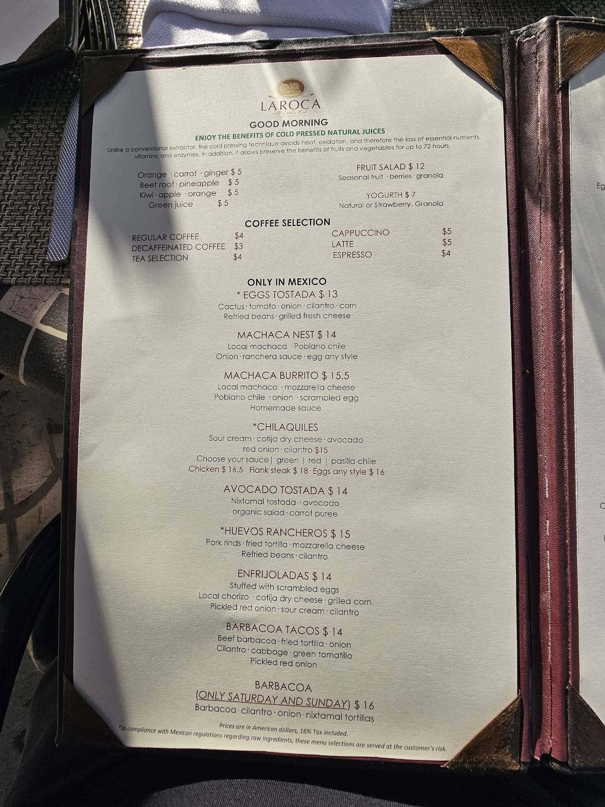 Menu at La Roca restaurant, Cabo San Lucas, Av Solmar 1B