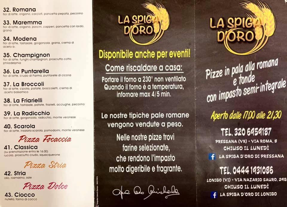 Menu da La Spiga D'Oro pizzeria, Pressana