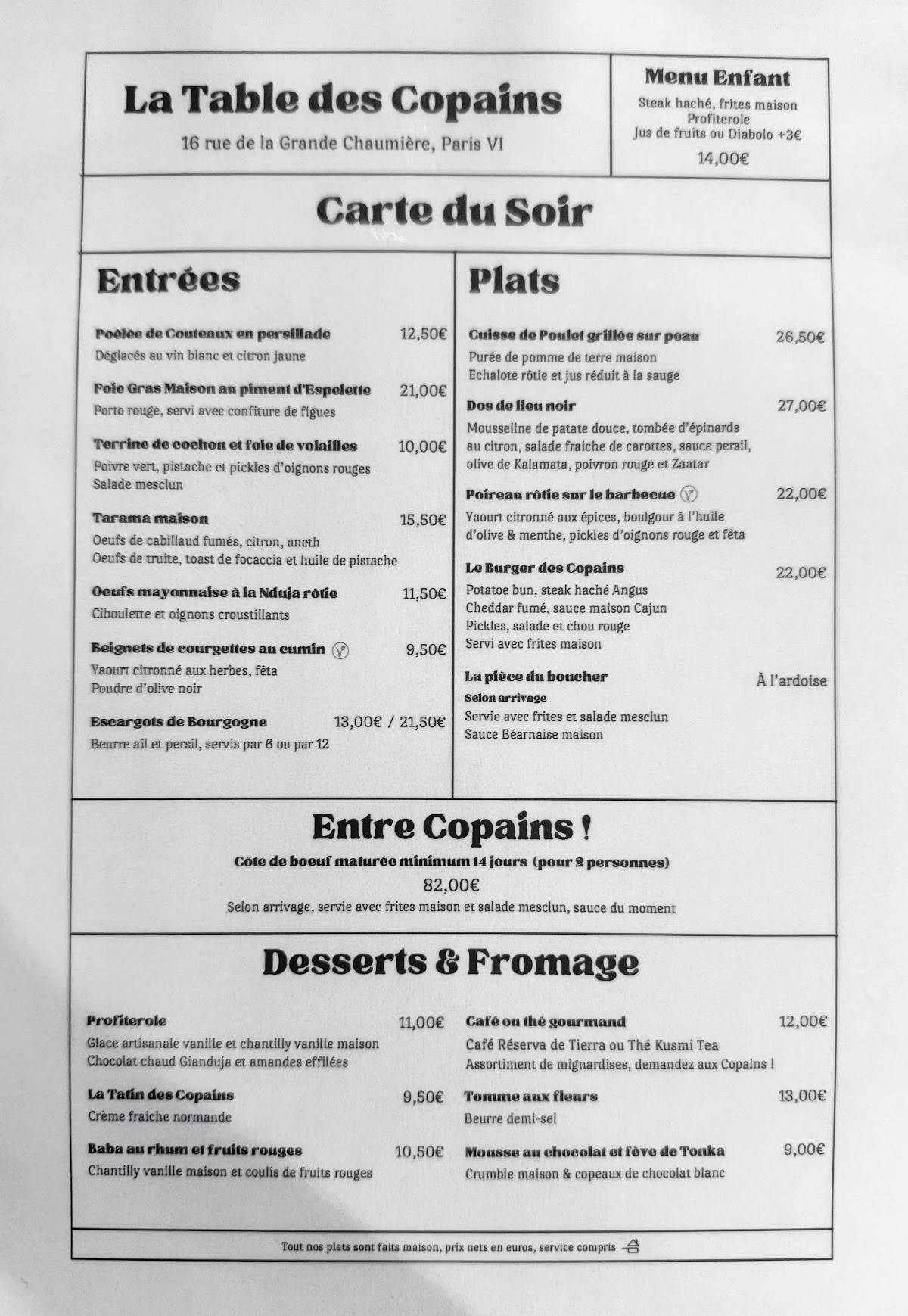Menu au La Table des Copains - Cuisine Française restaurant, Paris