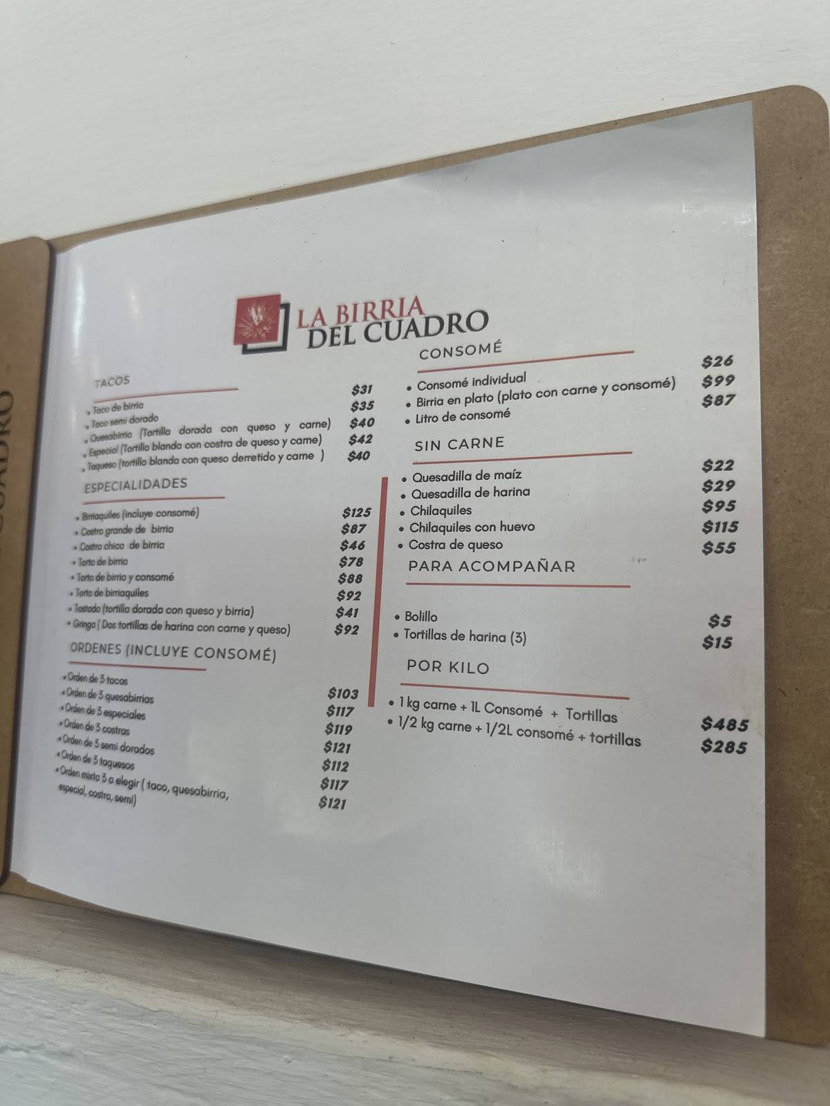 Carta del restaurante La birria del cuadro López Mateos, Tlalnepantla