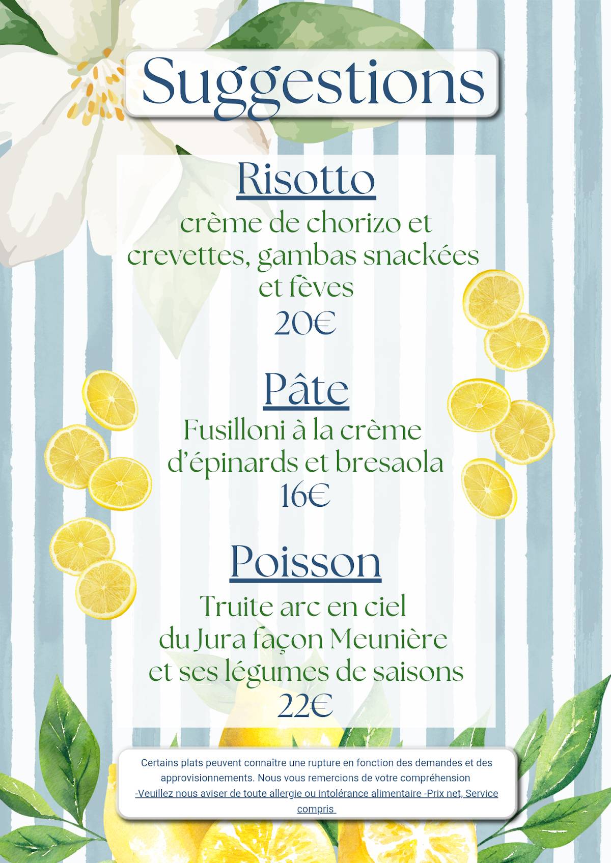 Menu au La table del Vigneto restaurant, Juliénas