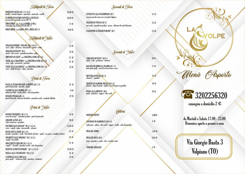 Menu da La volpe ristorante, Volpiano