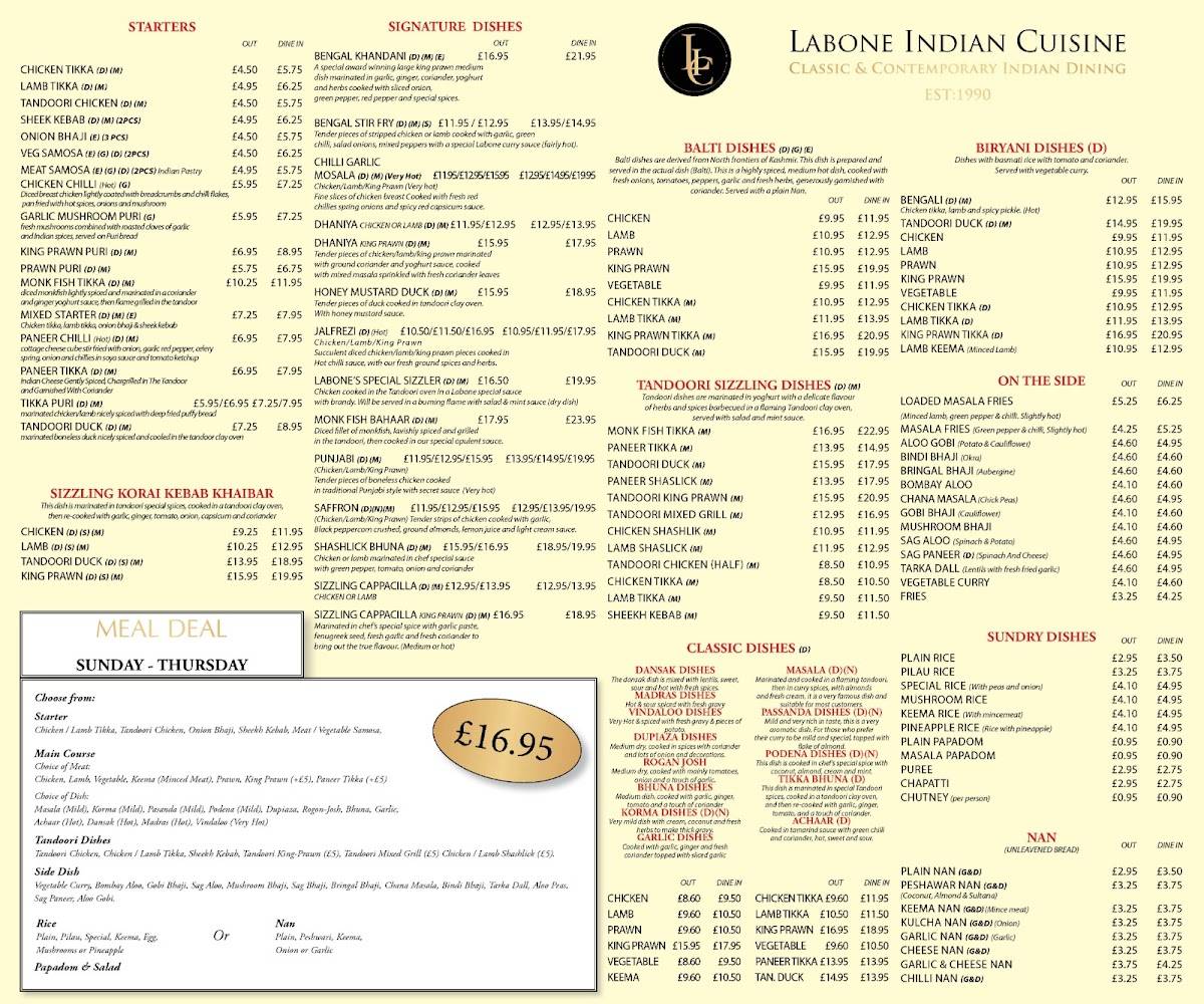 Menu at Labone Indian Cuisine North Walsham restaurant, North Walsham ...