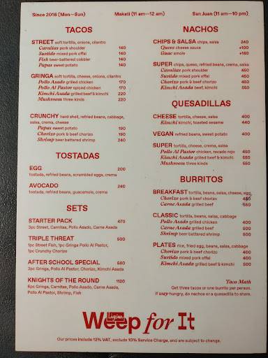 Menu at Lágrima San Juan restaurant, San Juan