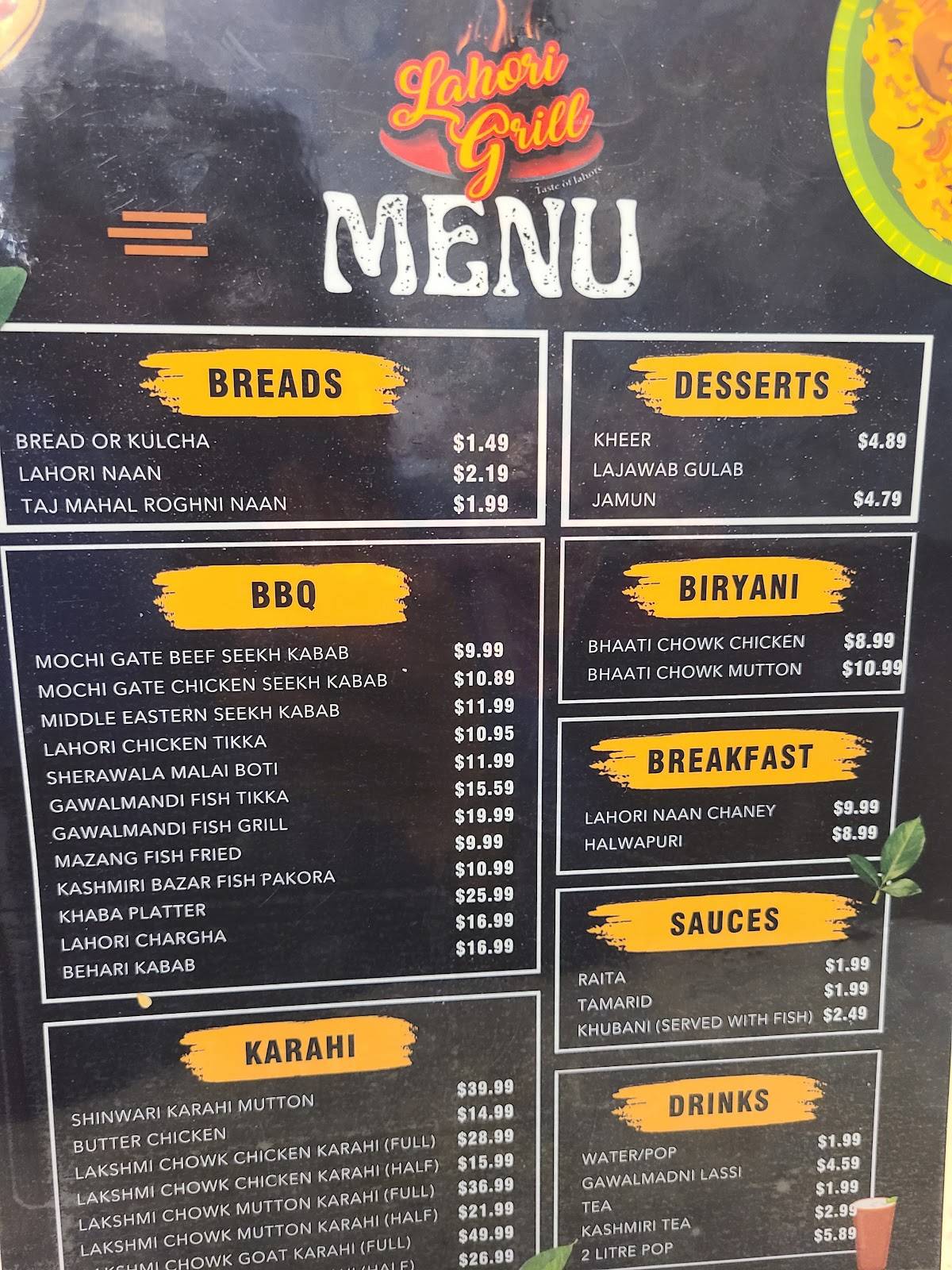 Carta del restaurante Lahori Grill Taste of Lahore, Calgary