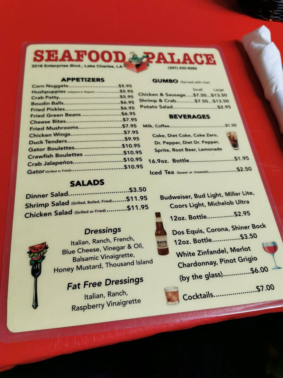 Menu at Seafood Palace restaurant, Lake Charles, Enterprise Blvd