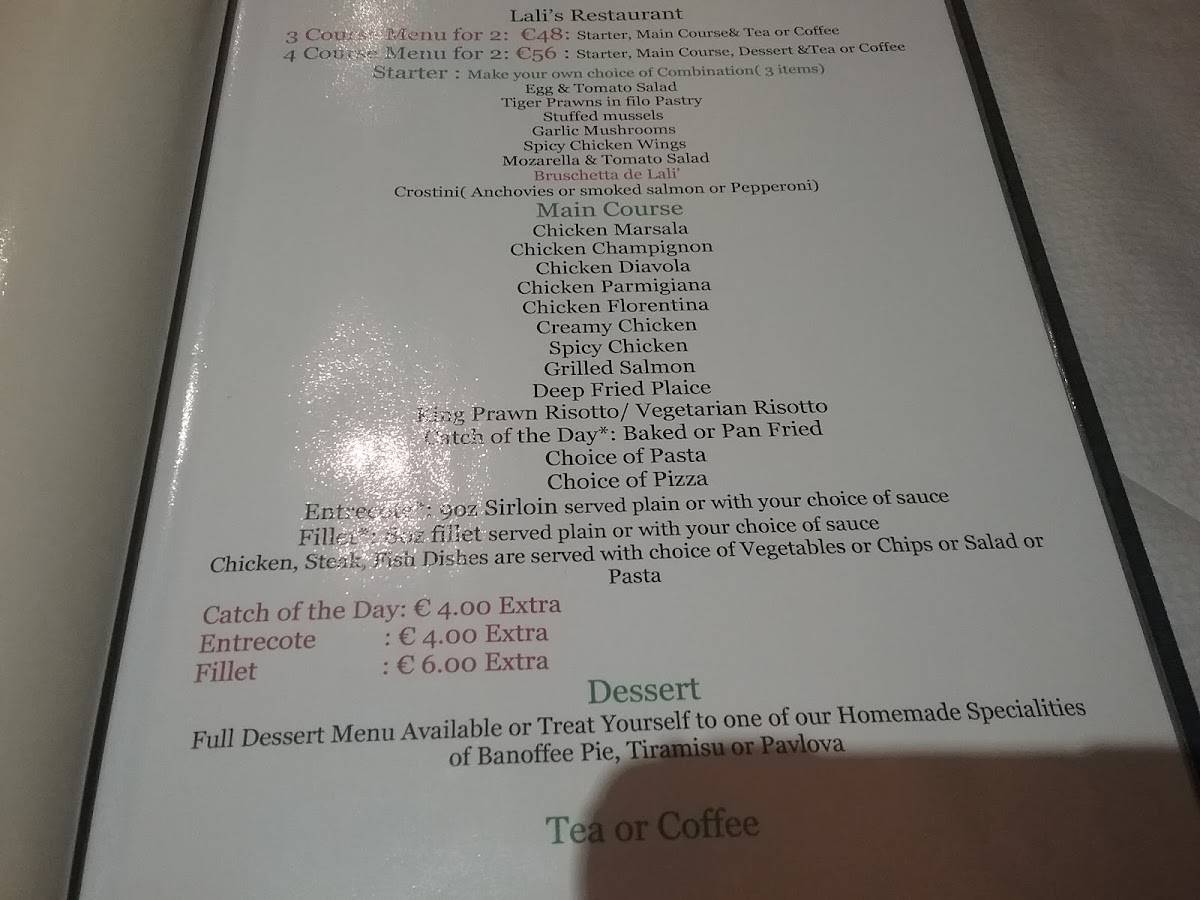 Menu at Lali's Restaurant Strand Road Portmarnock Co Dublin, Portmarnock