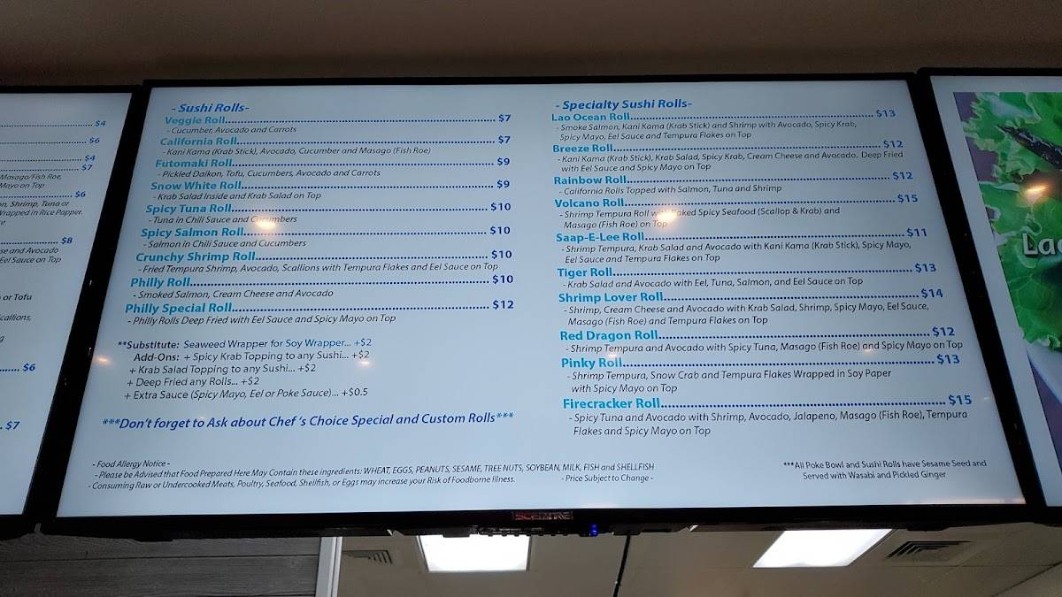 Menu at Lao Ocean restaurant, Gulf Breeze