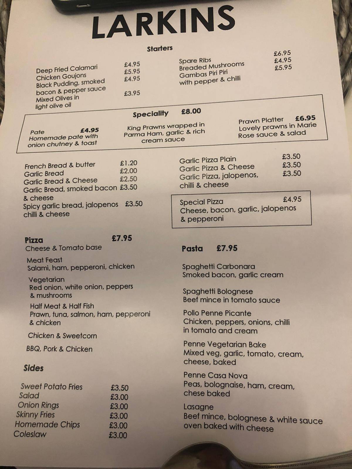 Menu at Larkins Southport restaurant, Southport