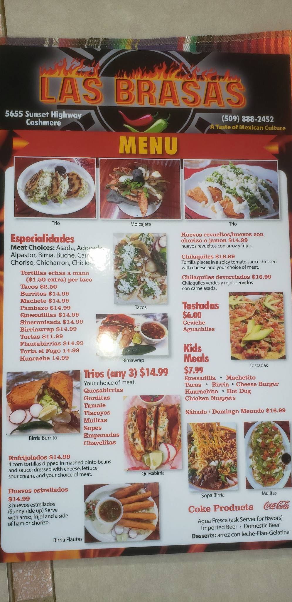 Menu at Las Brasas restaurant, Cashmere