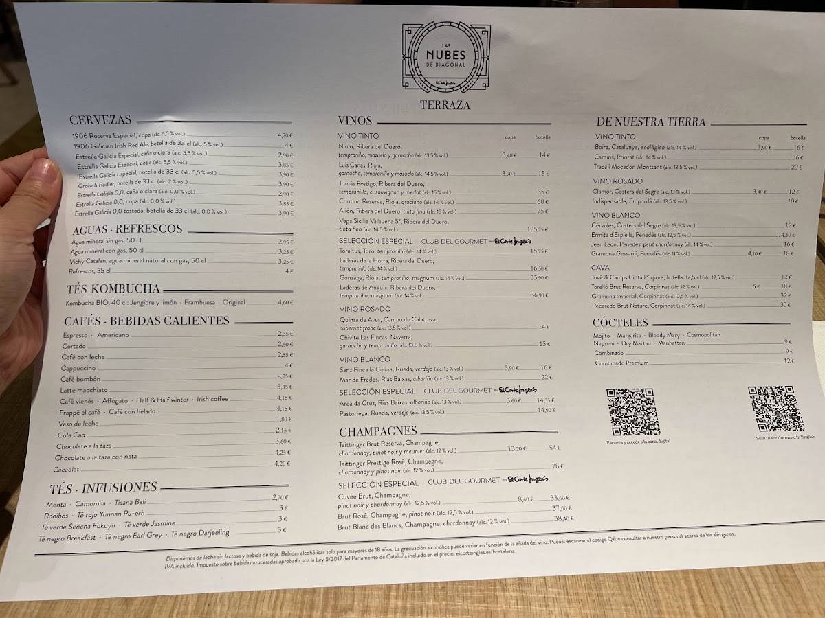 Carta del restaurante Las Nubes del Diagonal, Barcelona, C/ d'Europa