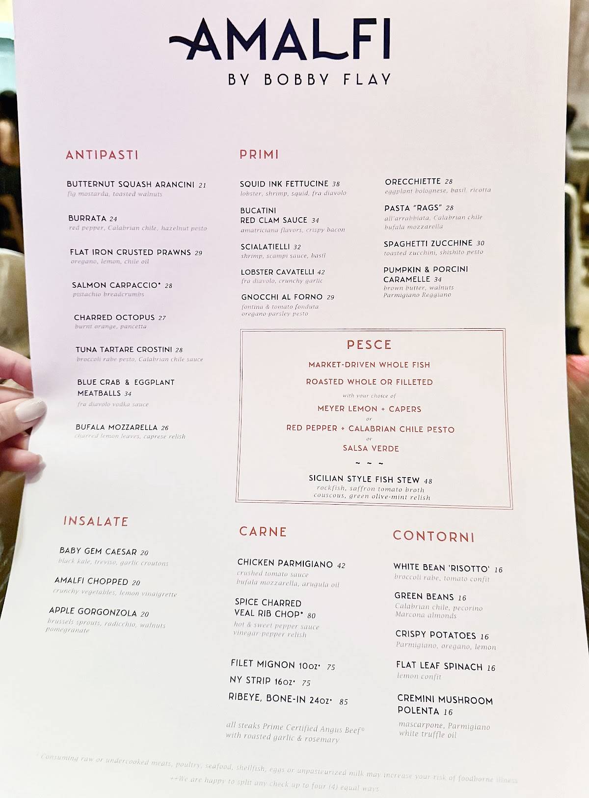 Menu at Amalfi restaurant, Las Vegas, Las Vegas Blvd S