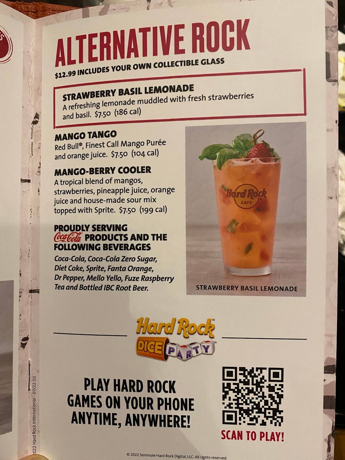 Menu at Hard Rock Cafe, Las Vegas, Las Vegas Blvd S #120