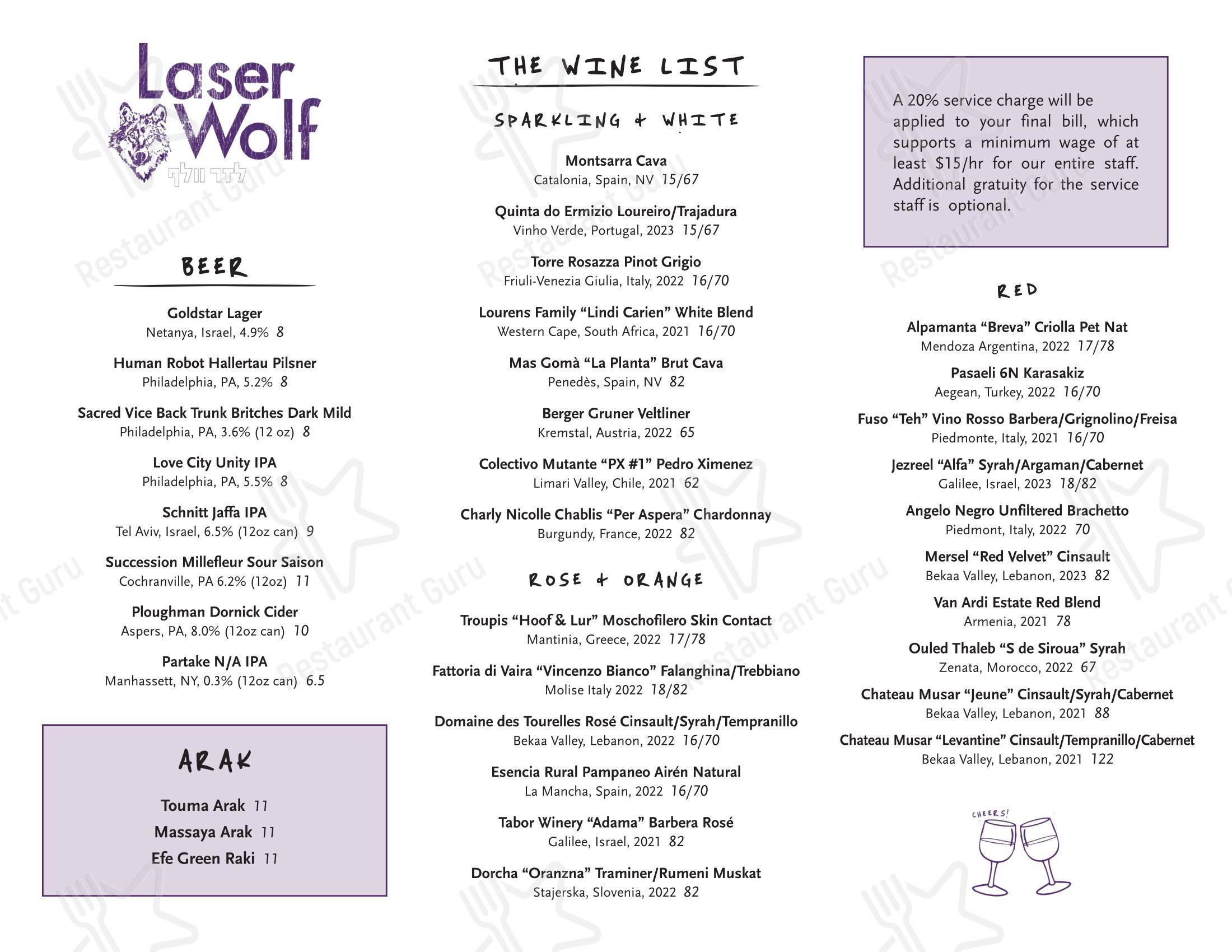 Menu at Laser Wolf restaurant, Philadelphia, N Howard St