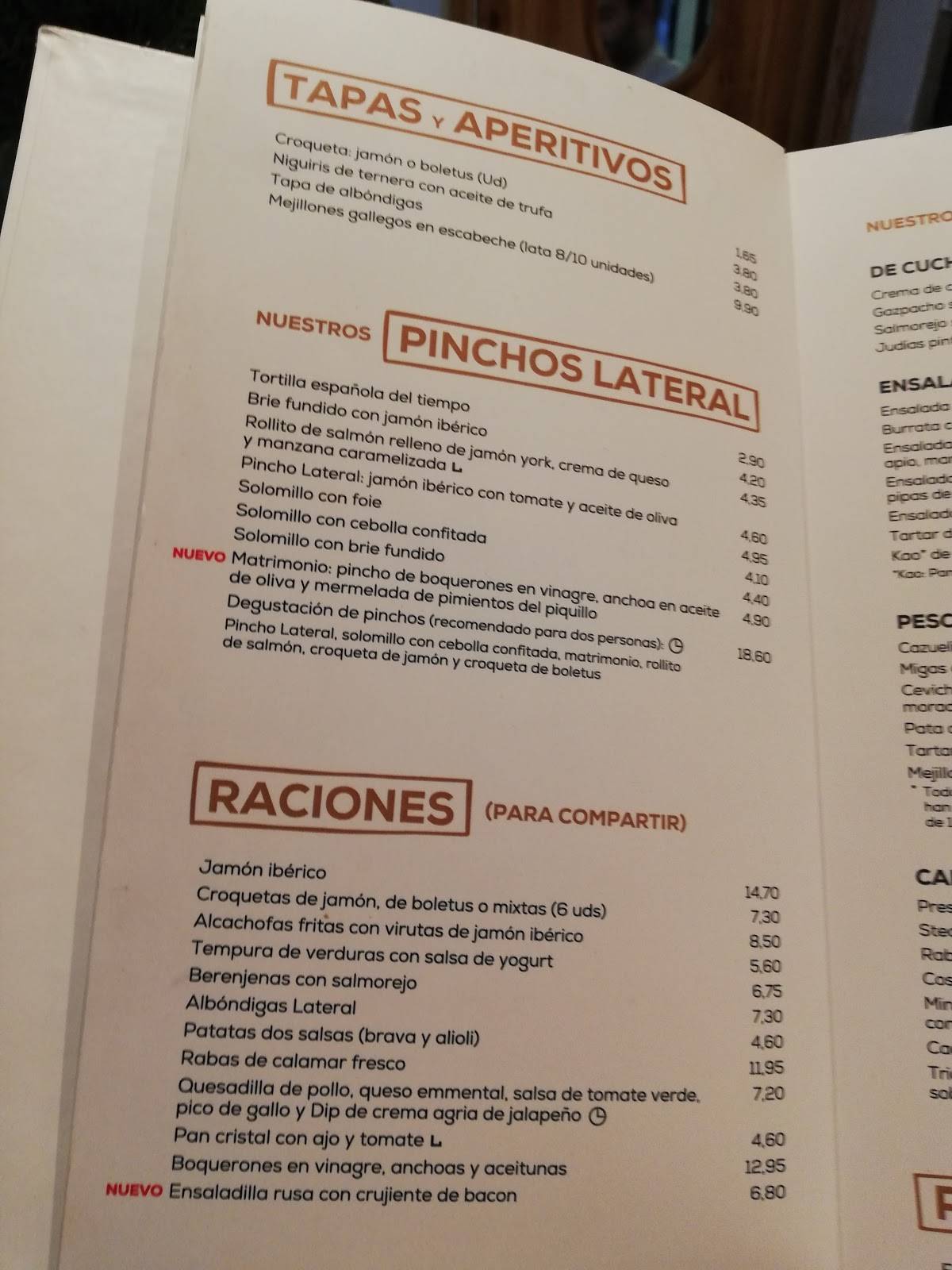 Menu at Lateral Fleming restaurant, Madrid, Calle del Dr. Fleming