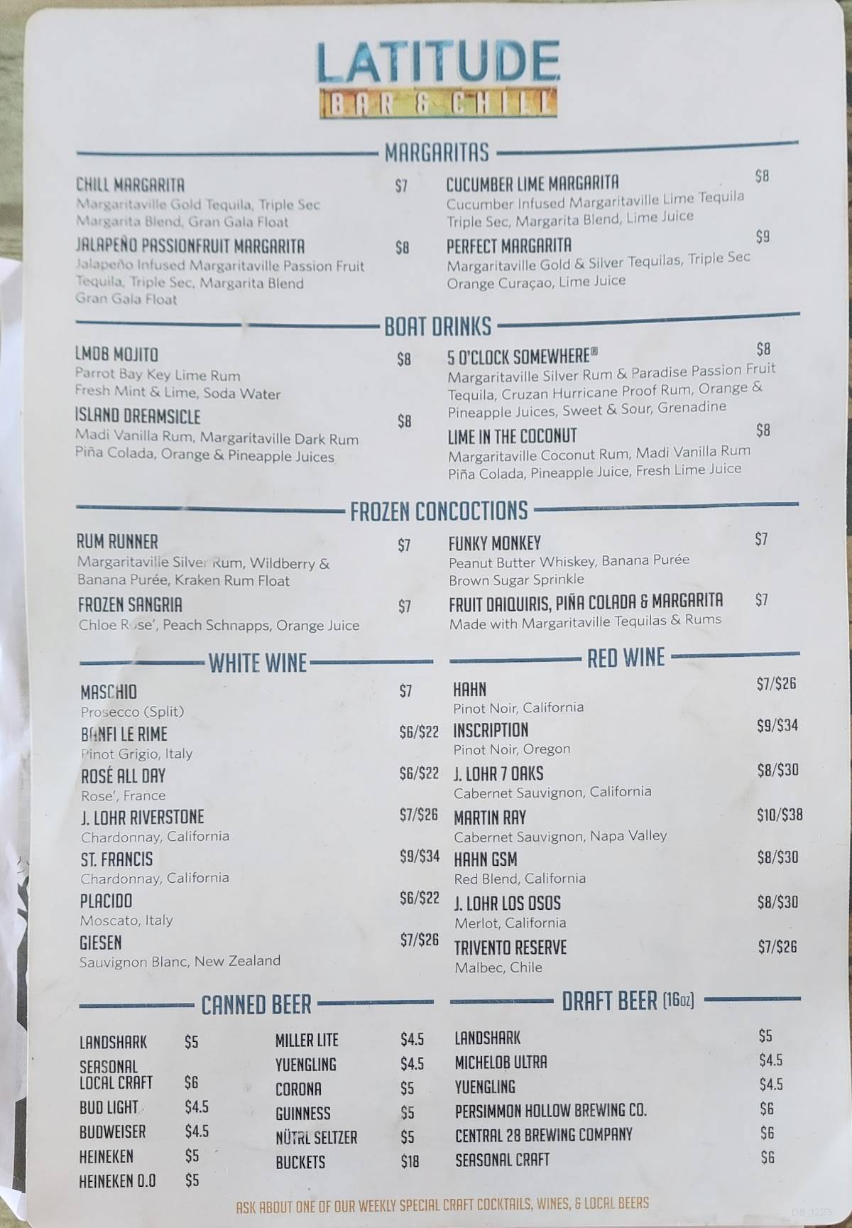 Menu at Latitude Bar & Chill, Daytona Beach