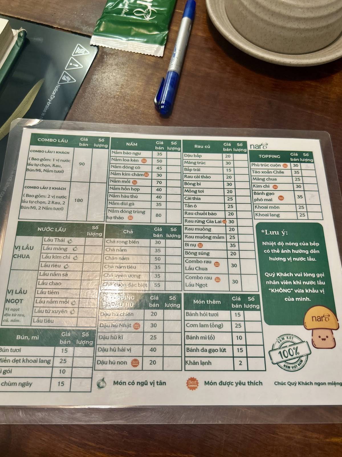 Menu at Lẩu Naro restaurant, Ho Chi Minh City