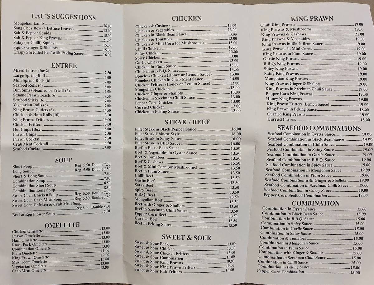 Menu at Lau's Chinese Takeaway restaurant, Bradbury, 28 The Pkwy
