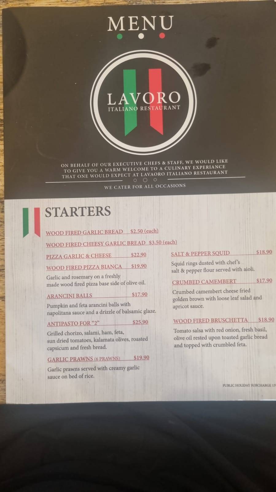 Menu at Lavoro Italiano Restaurant, Rockingham