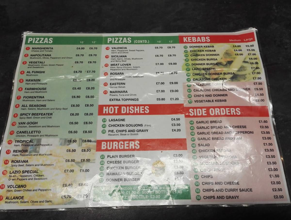 Menu at Lazio Pizza pizzeria, Stonehaven