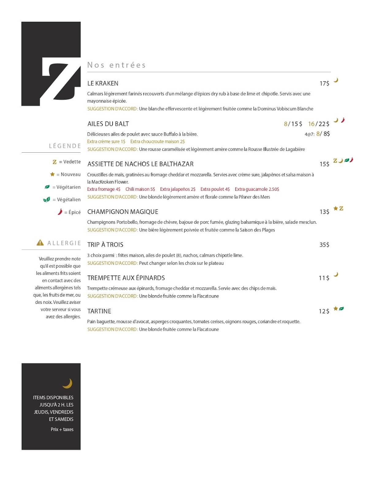 Menu au Le Balthazar Quartier DIX30 restaurant, Brossard
