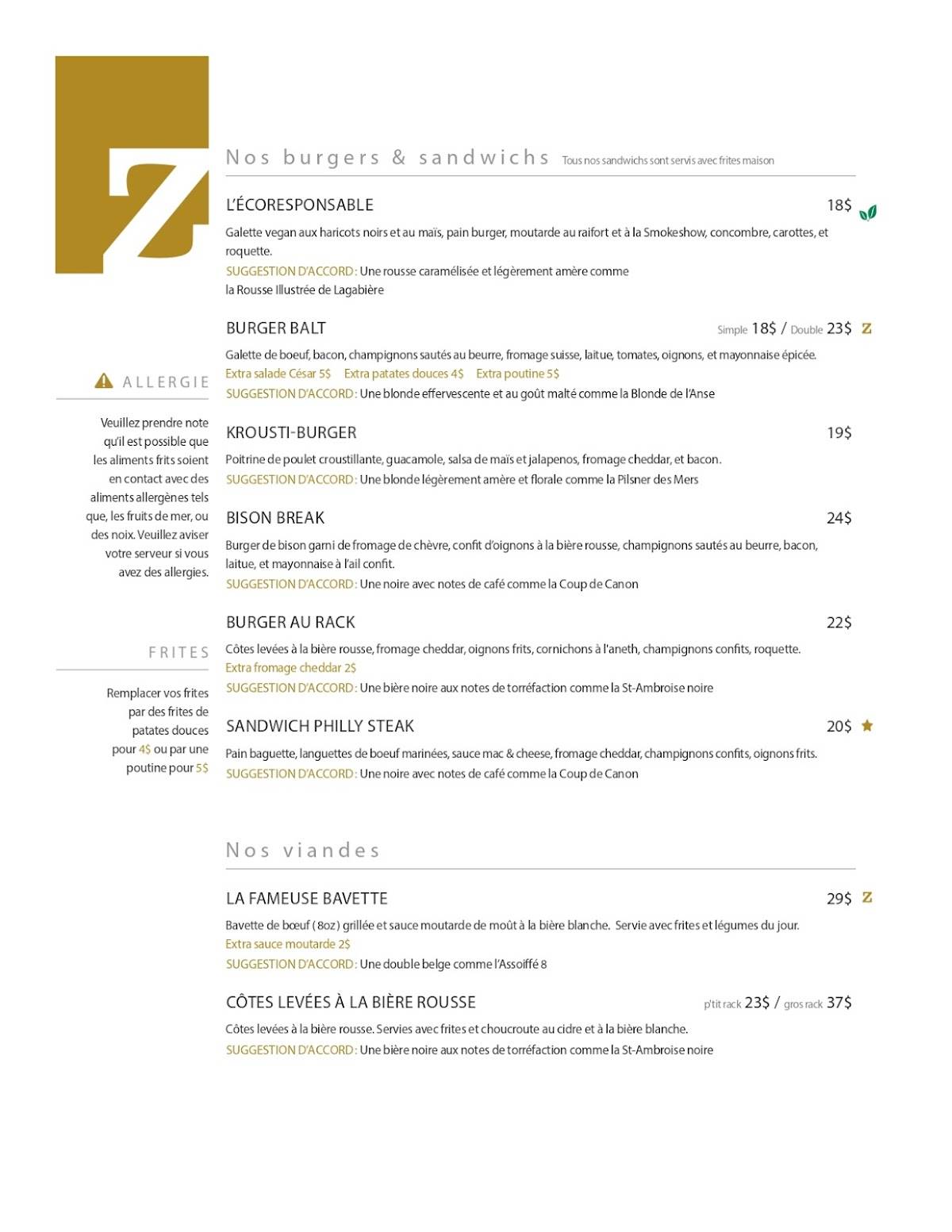Menu au Le Balthazar Quartier DIX30 restaurant, Brossard