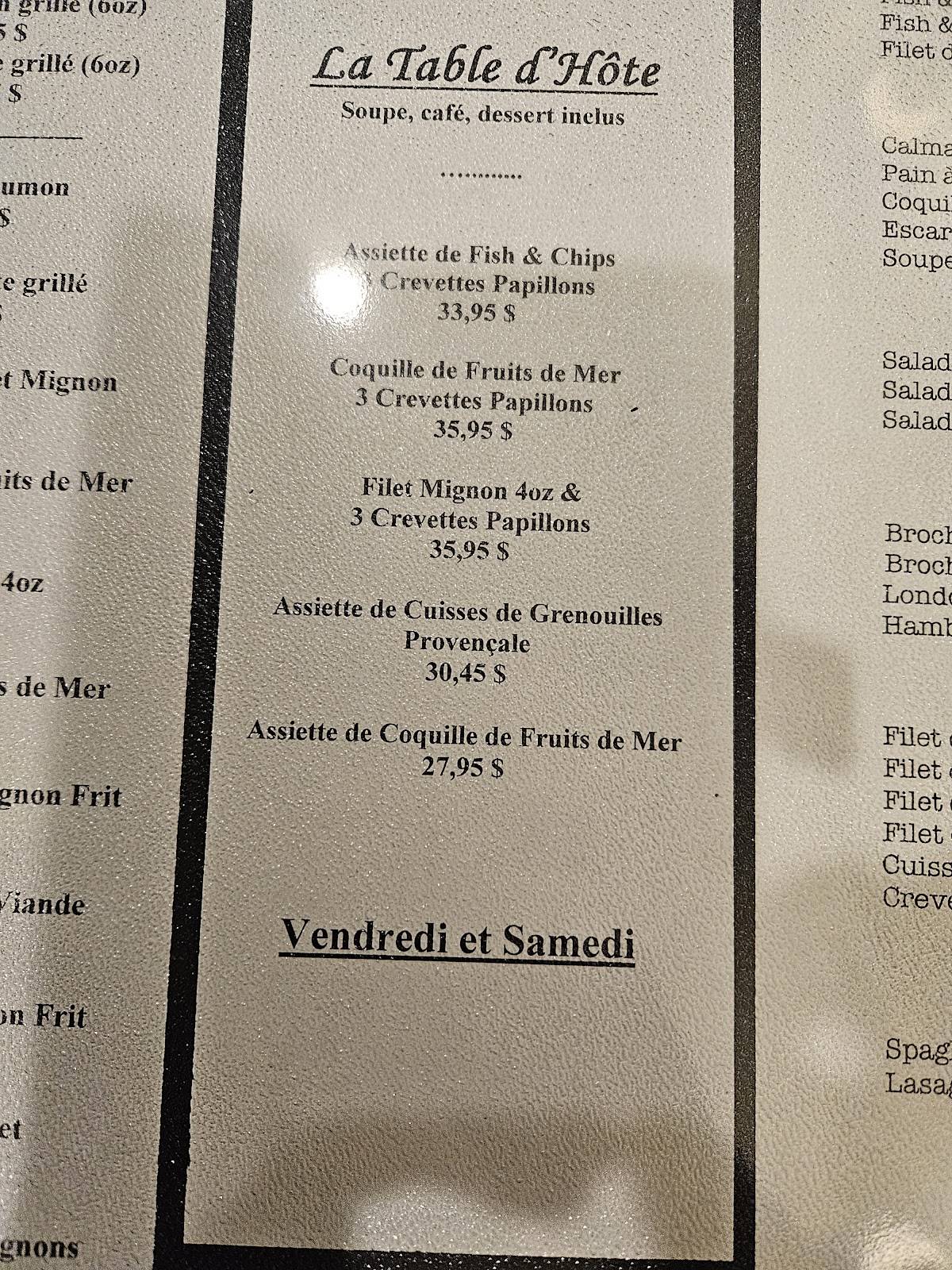 Menu at Le Chalutier MLM restaurant, Laval