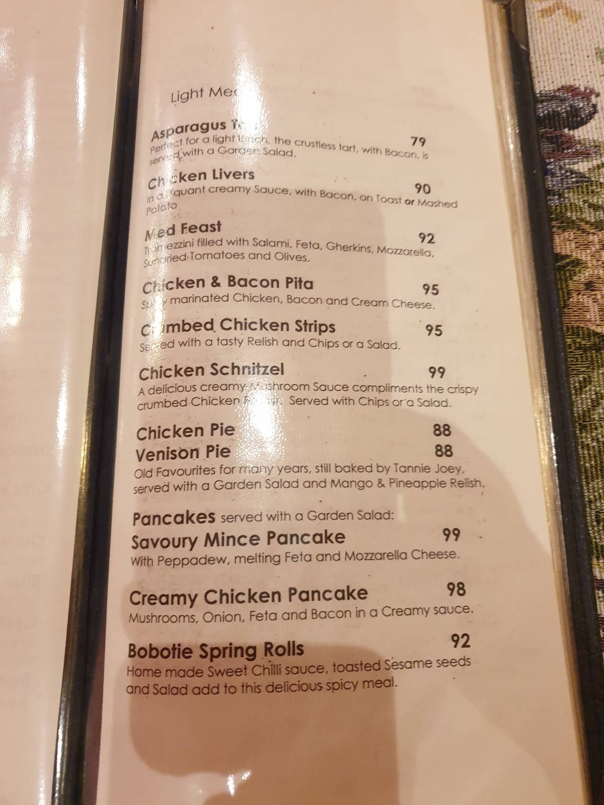 Menu at Le Chameleon restaurant, Humansdorp