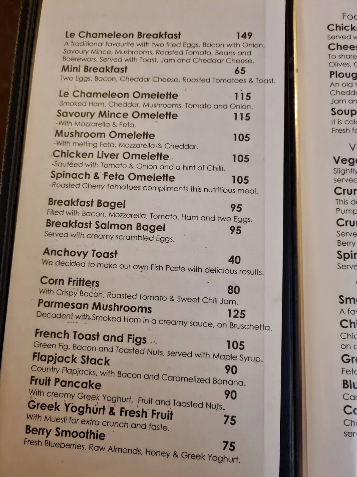 Menu at Le Chameleon restaurant, Humansdorp