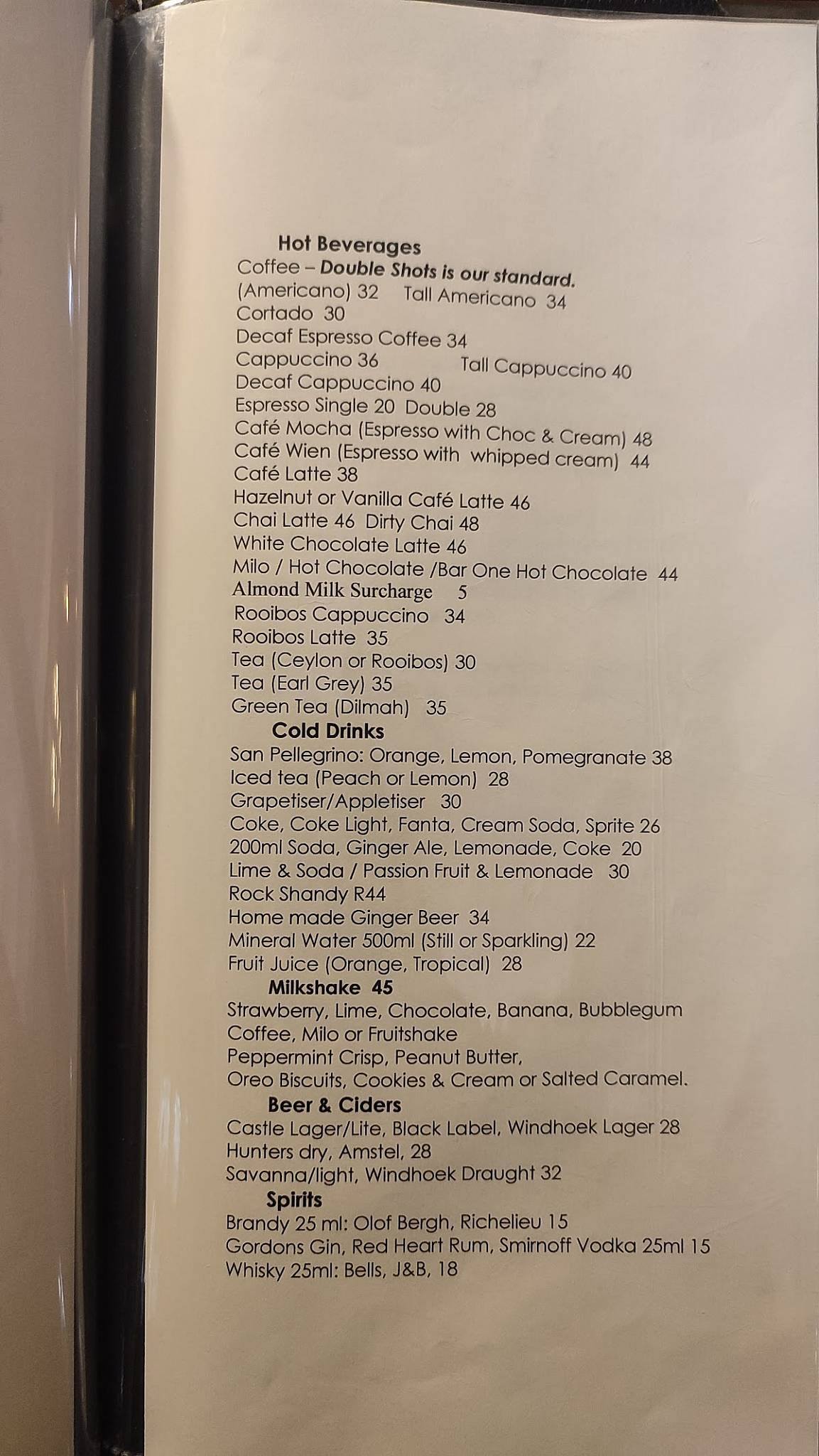 Menu at Le Chameleon restaurant, Humansdorp