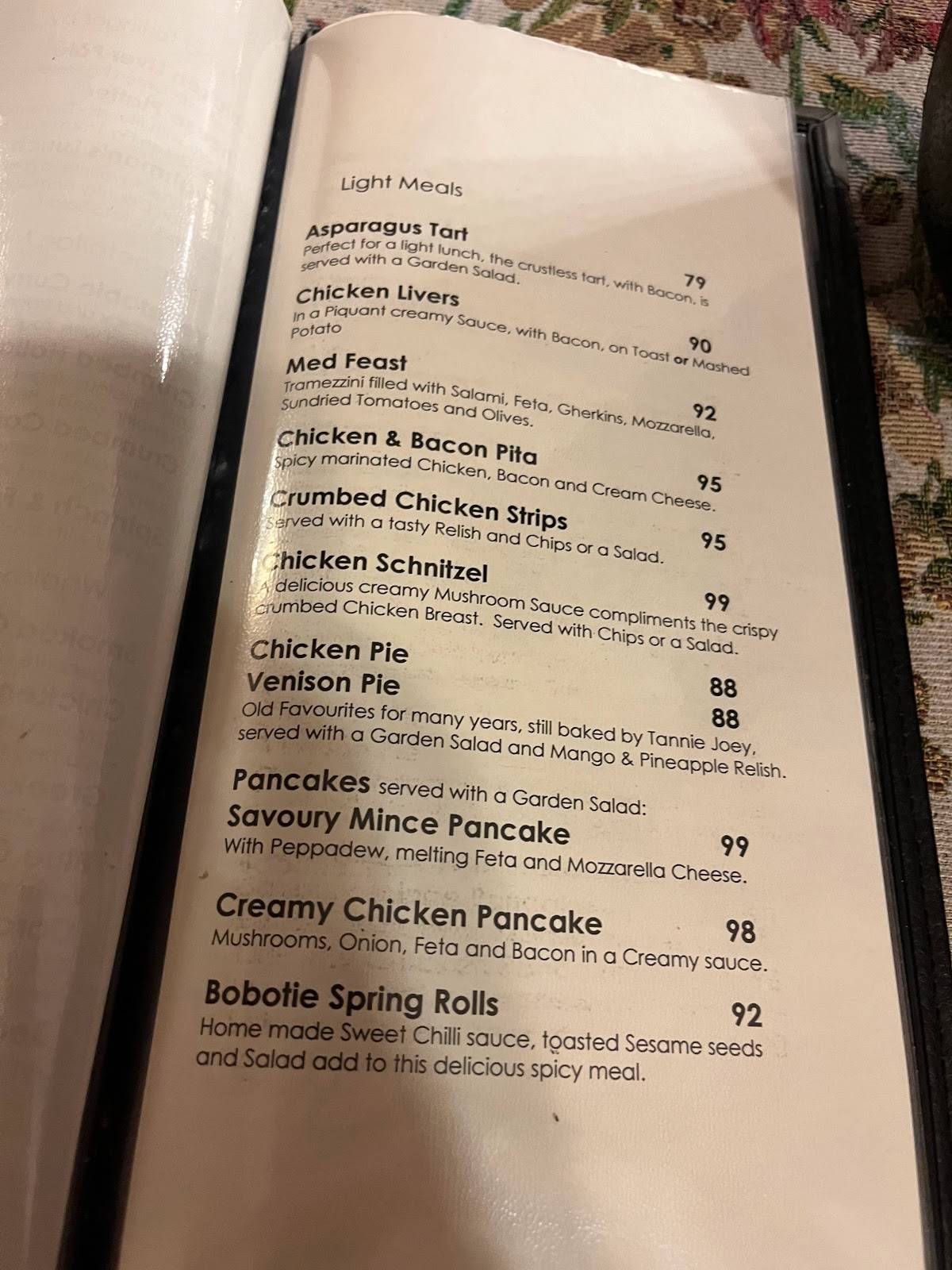 Menu at Le Chameleon restaurant, Humansdorp