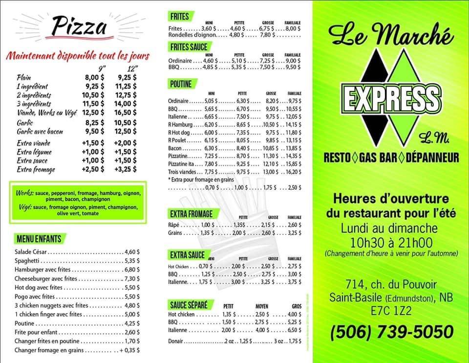 Menu at Le Marché Express restaurant, Edmundston