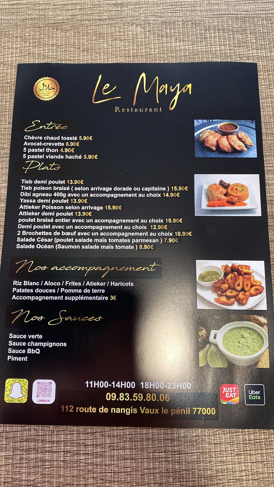 Carta de Le Maya restaurant lounge, Vaux-le-Pénil
