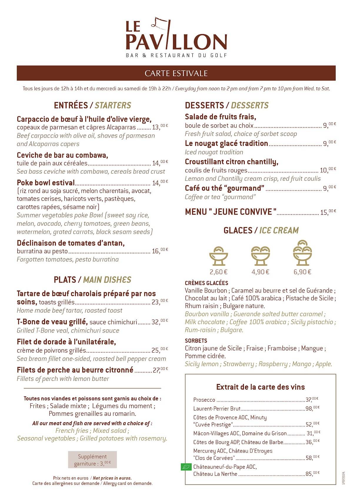 Menu au Le Pavillon du Golf - Domaine de Divonne restaurant, Divonne ...