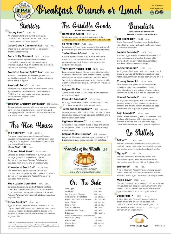 Menu at Le Peep Wildcat restaurant, Highlands Ranch