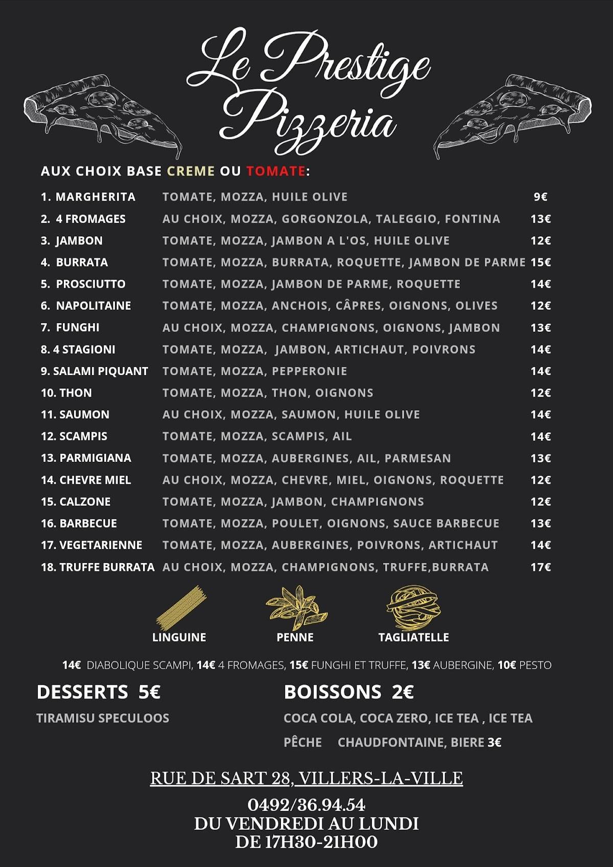 Speisekarte von Le Prestige Pizzeria, Villers-la-Ville