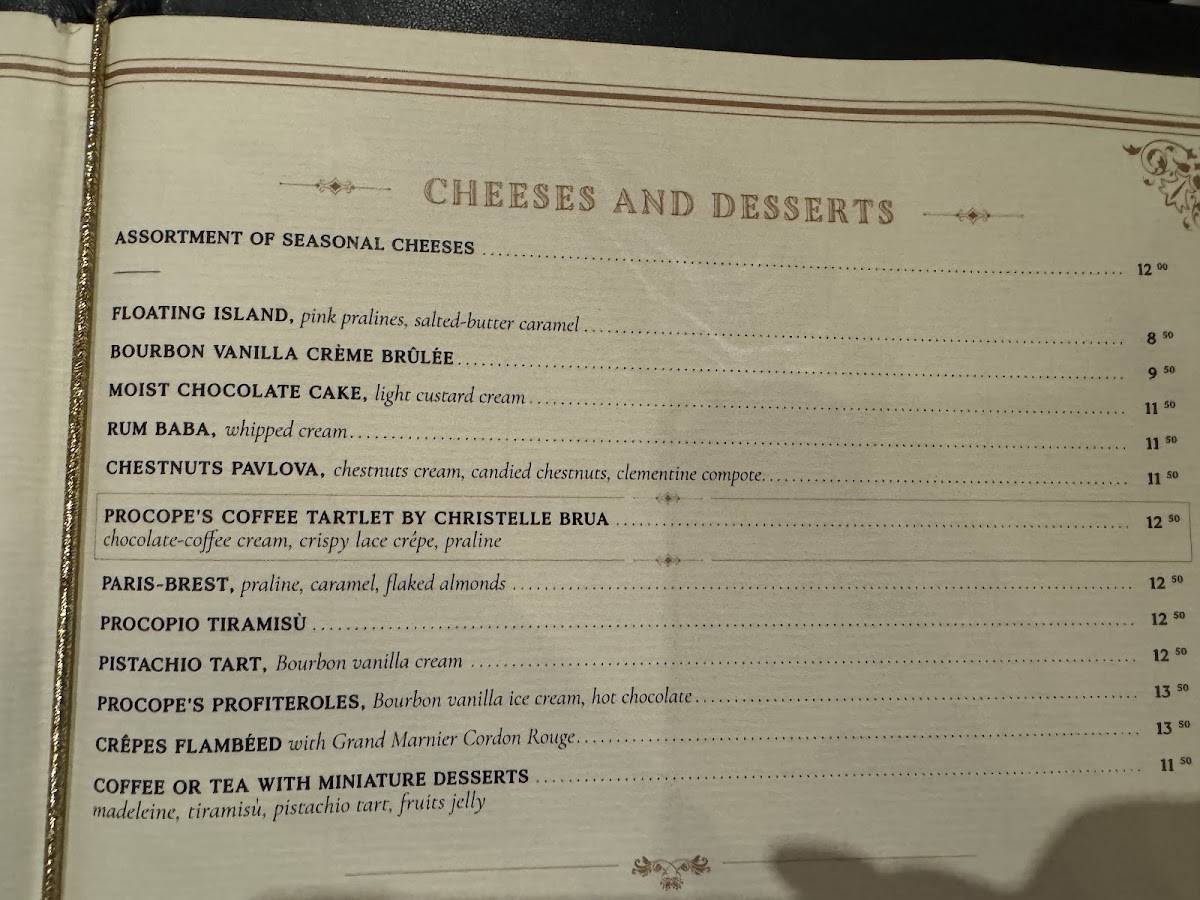 Menu at Le Procope restaurant, Paris, 13 Rue de l'Ancienne Comédie