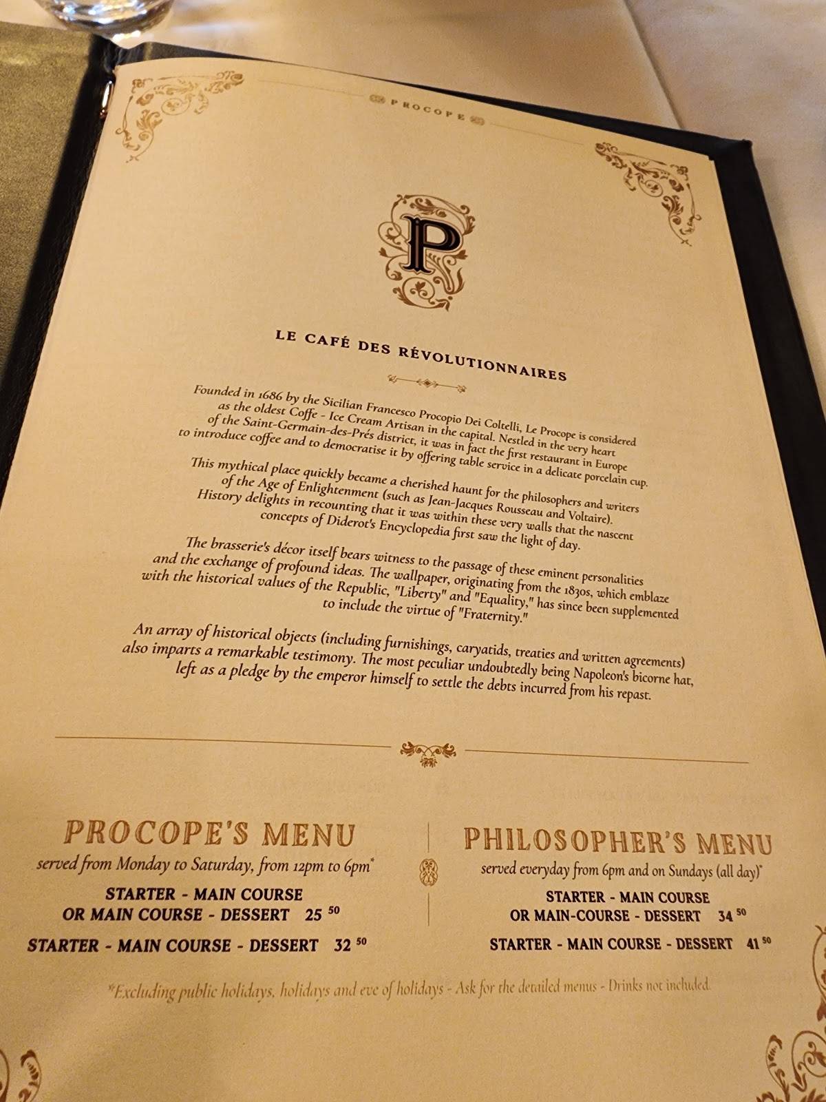 Menu au Café Procope, Paris, 13 Rue de l'Ancienne Comédie