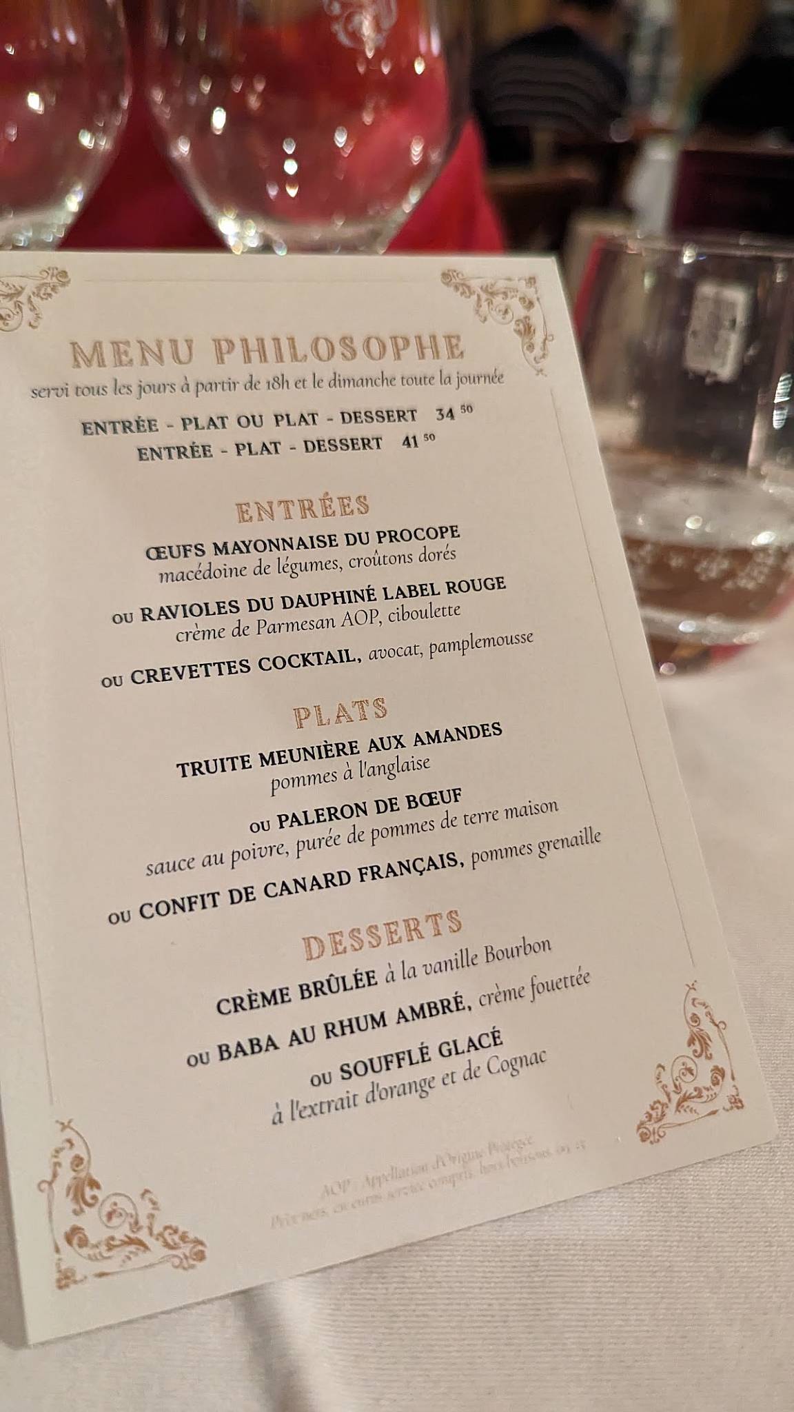 Menu au Café Procope, Paris, 13 Rue de l'Ancienne Comédie