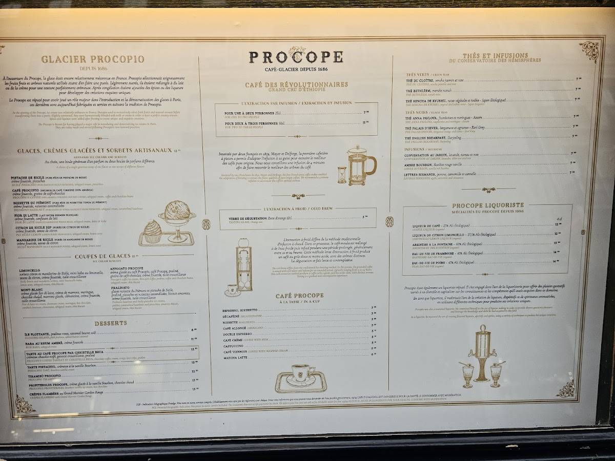 Menu at Le Procope restaurant, Paris, 13 Rue de l'Ancienne Comédie