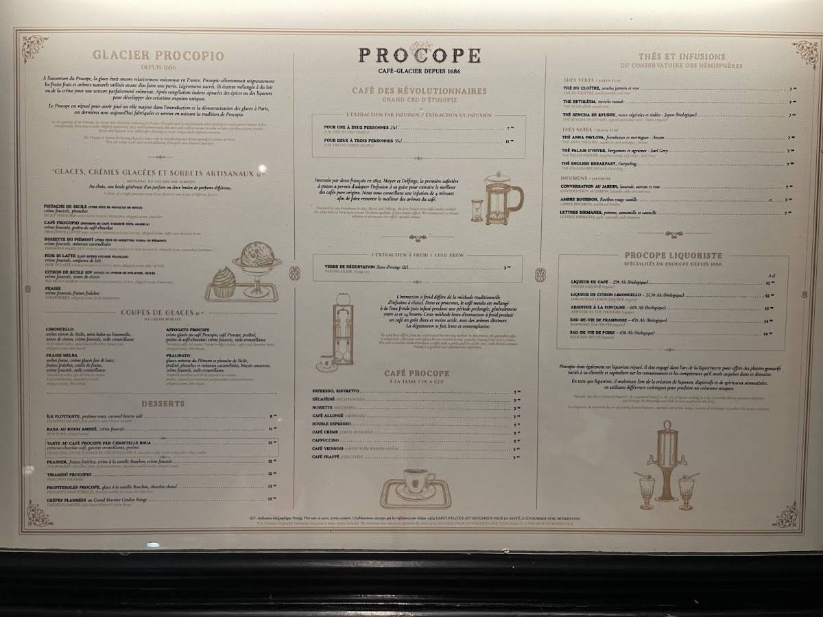 Menu au Café Procope, Paris, 13 Rue de l'Ancienne Comédie